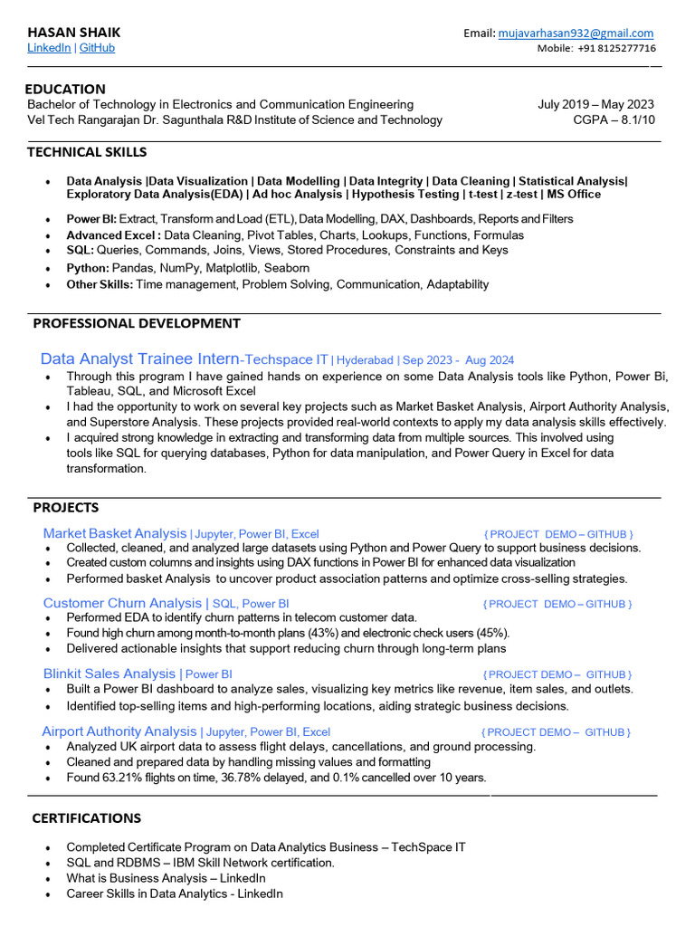 Hasan Shaik: Data Analyst Profile | PDF | Data Analysis | Data