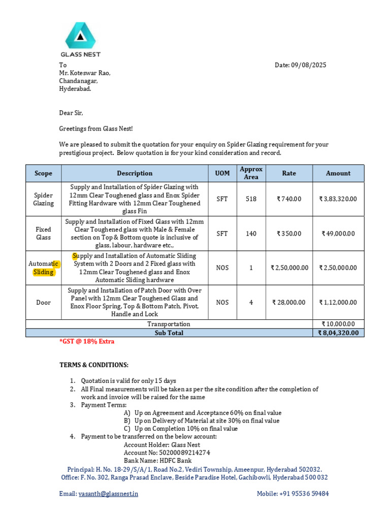 Spider Glazing Quotation for Hyderabad Project | PDF