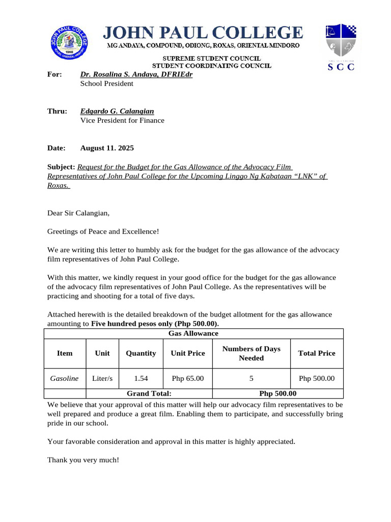 Budget Request for Gas Allowance | PDF