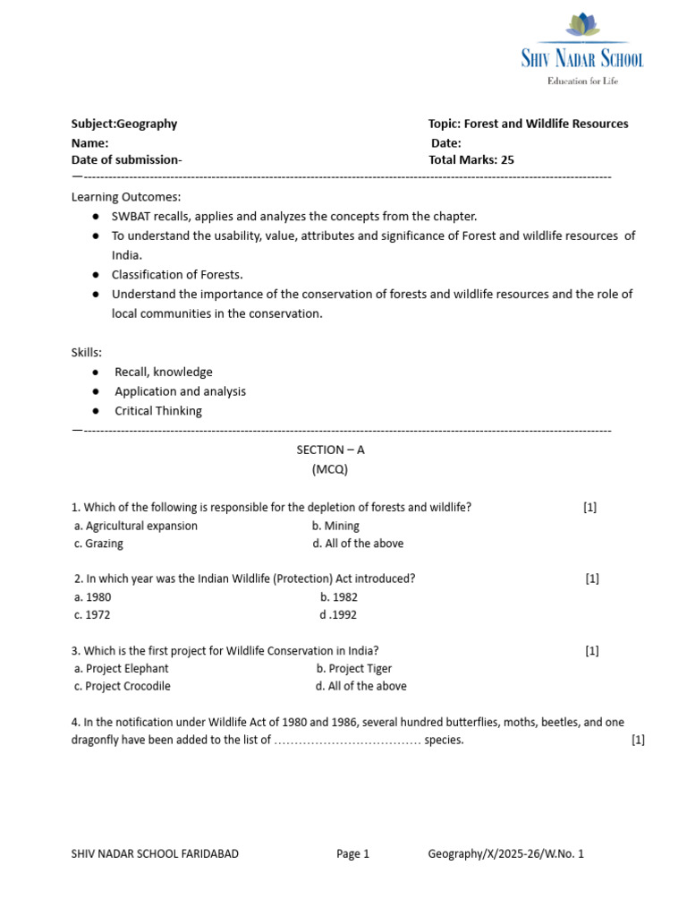 Forest and Wildlife Resources Worksheet-1 (2025-26) | PDF | Ecology ...