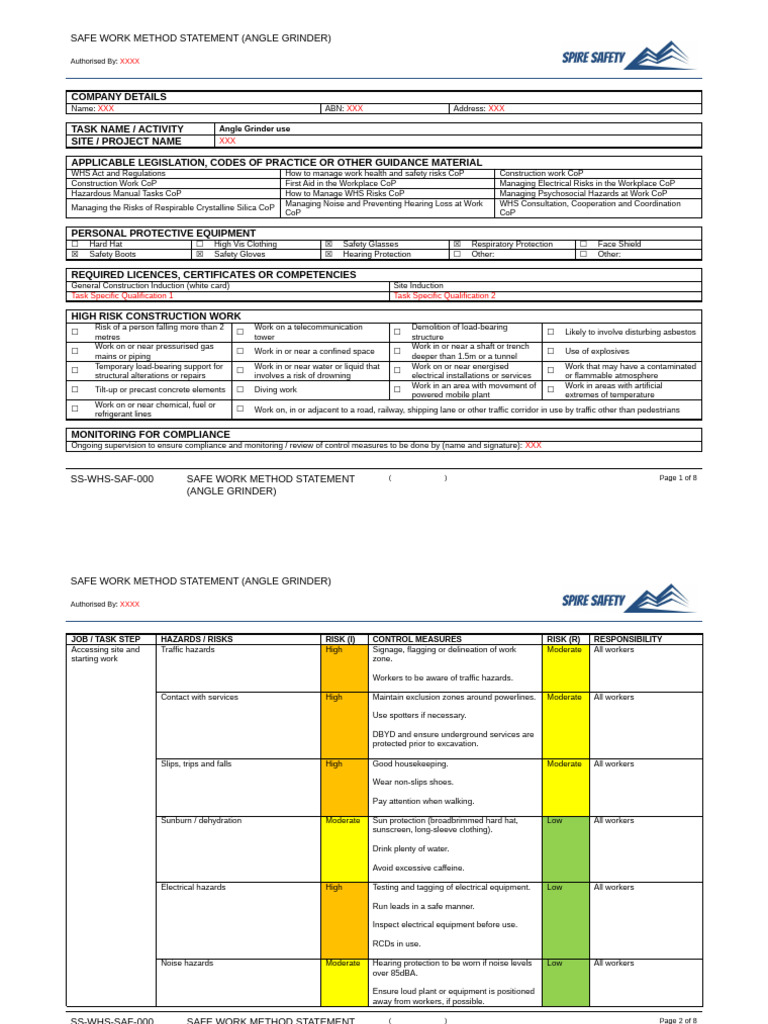 SS WHS SAF 000 Safe Work Method Statement Angle Grinder 1 1 | PDF | Personal Protective ...