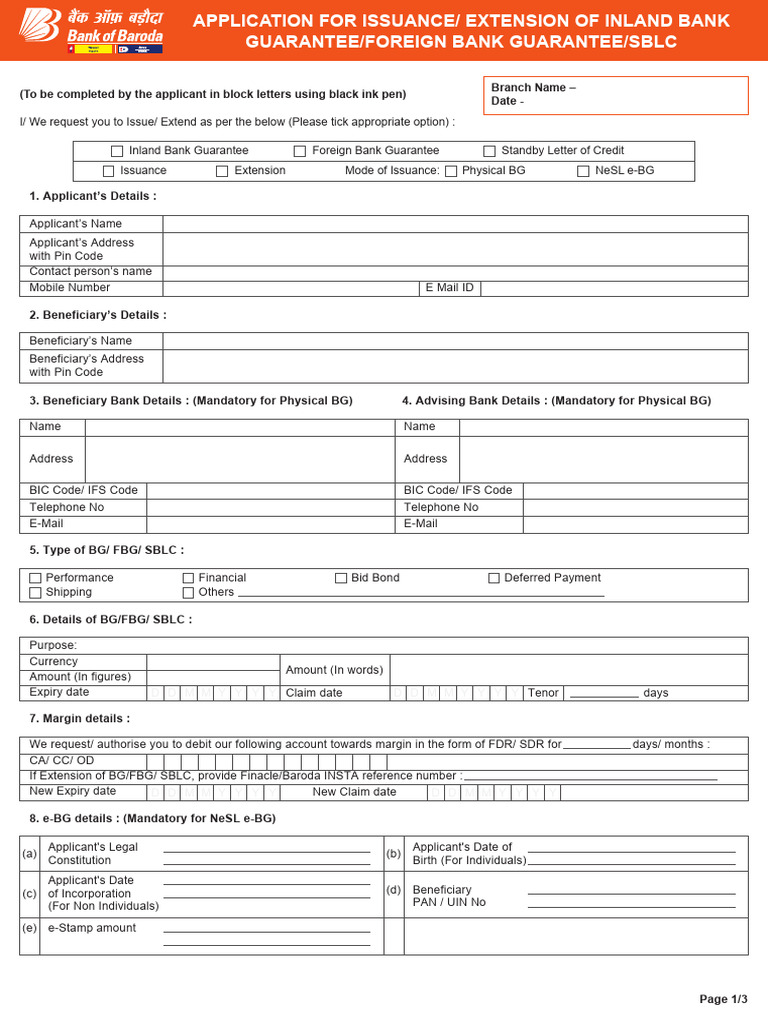 Bank of Baroda Guarantee Application Form | PDF | Letter Of Credit | Banks