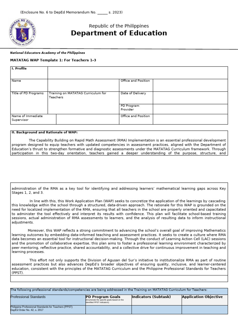 MATATAG WAP Template for Teachers 1-3 | PDF | Educational Assessment ...