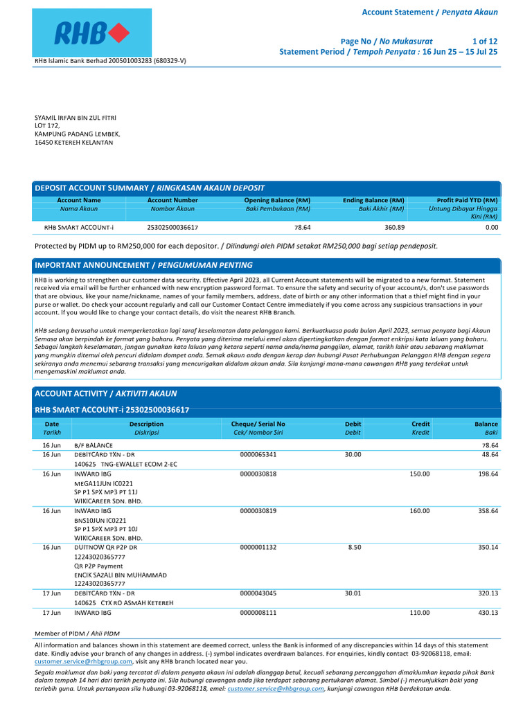 RHB 25302500036617 20250701 | PDF | Debit Card | Credit Card
