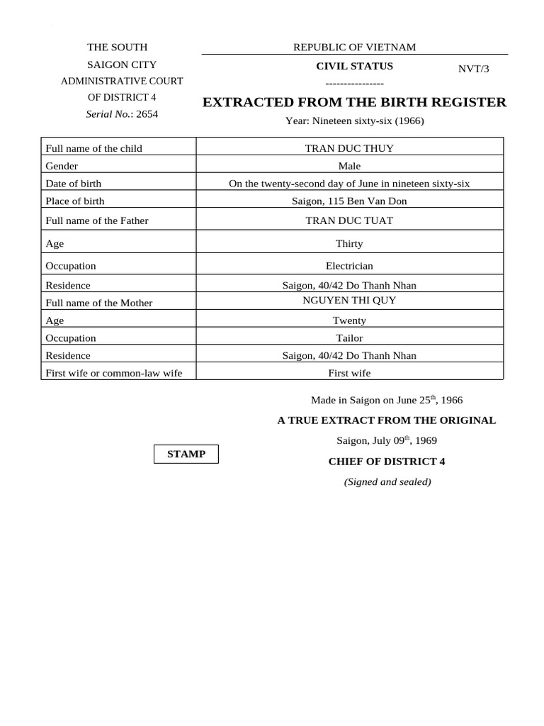 Birth Certificate Extract: Tran Duc Thuy | PDF