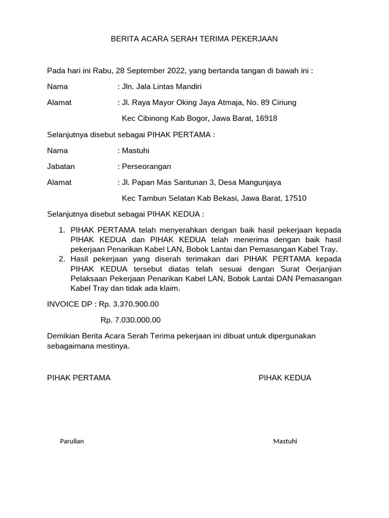 Berita Acara Serah Terima Pekerjaan | PDF