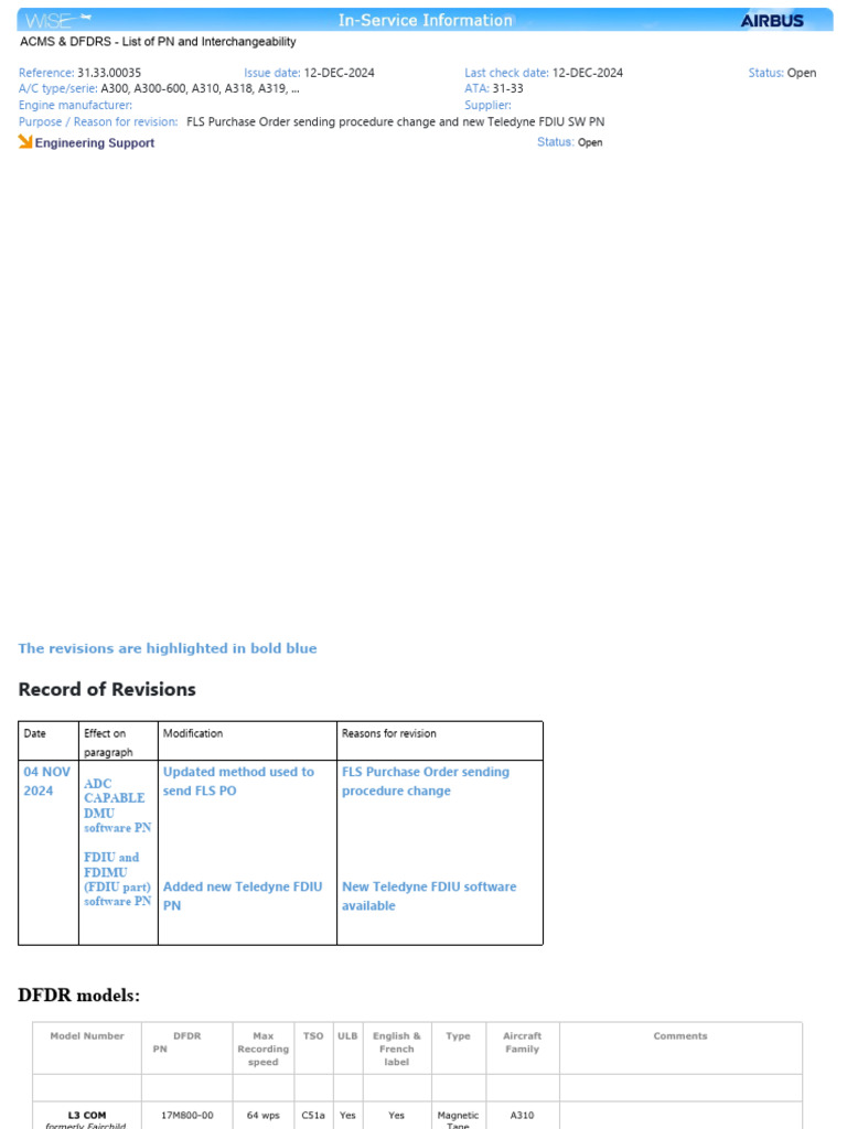 ACMS & DFDRS PN Interchangeability Guide | PDF | Airbus | Civil Aircraft
