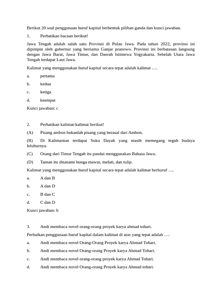 20 Soal Pilihan Ganda Huruf Kapital | PDF