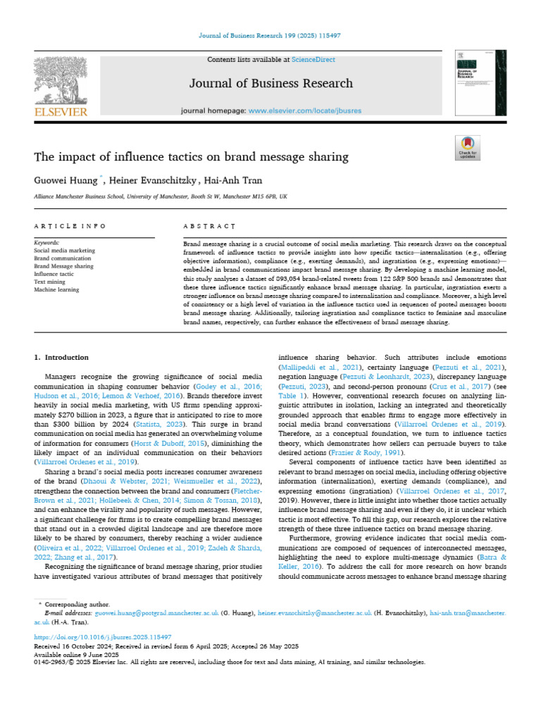 The Impact of Influence Tactics On Brand Message Sharing | PDF | Brand ...