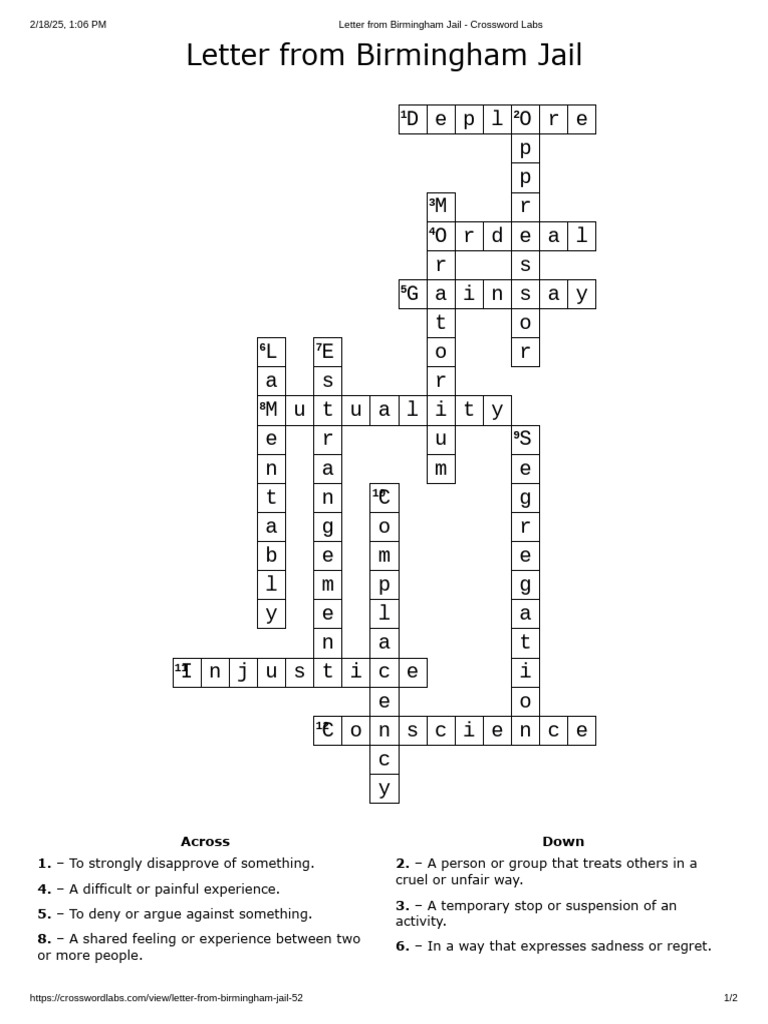 Letter From Birmingham Jail - ANSWERS Crossword Labs | PDF | Chess ...