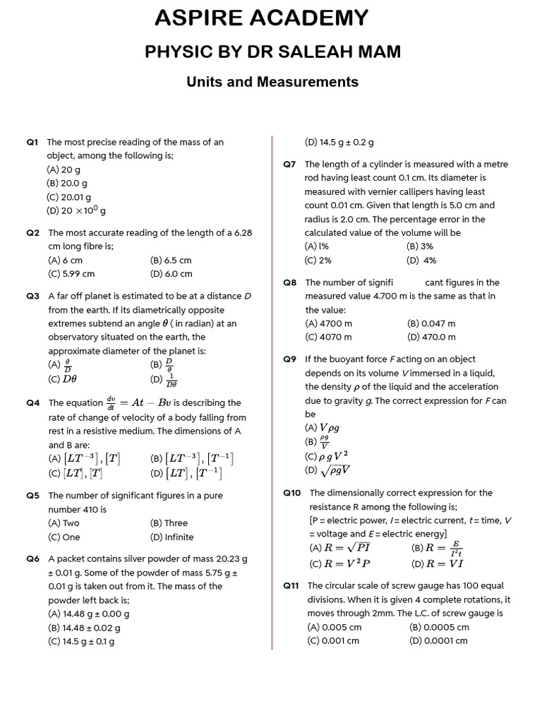 Physics Measurement Questions and Answers | PDF | Velocity | Liquids