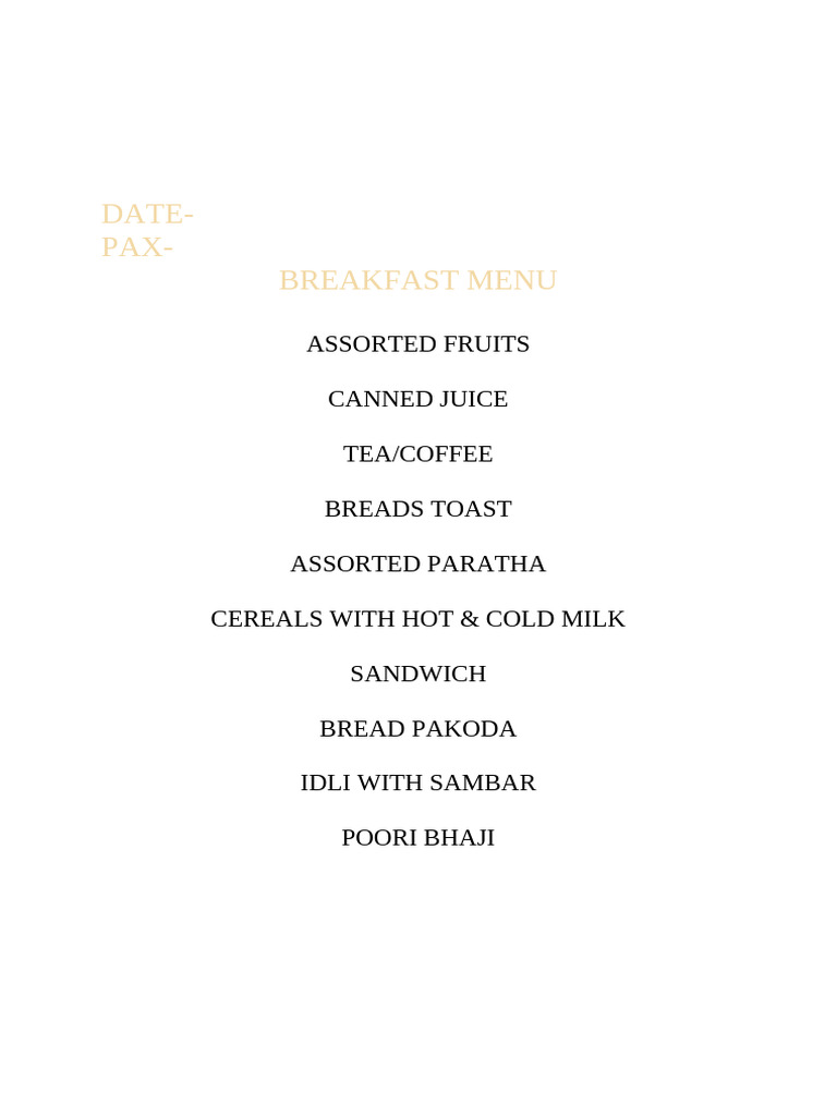 Breakfast Menu with Assorted Items | PDF