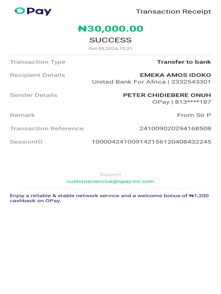 Successful ₦30,000 Transfer Receipt | PDF