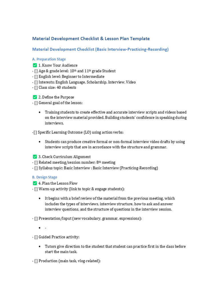 Material Development Checklist Lesson Plan MEET 8 | PDF | English Language | Learning