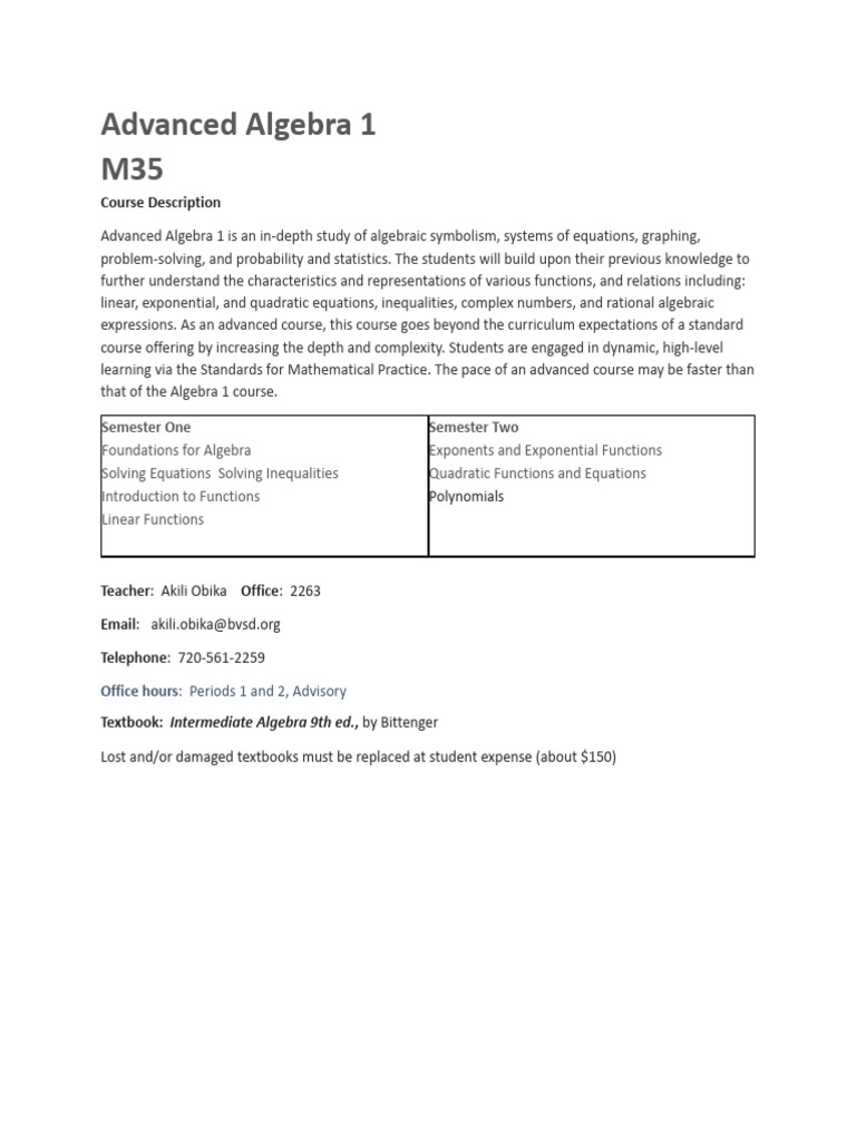 Advanced Algebra 1 2023-2024 Syllabus | PDF | Algebra | Equations