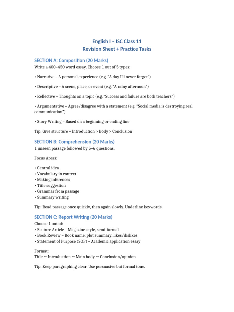 ISC Class 11 English Revision Guide | PDF | Essays | Linguistics