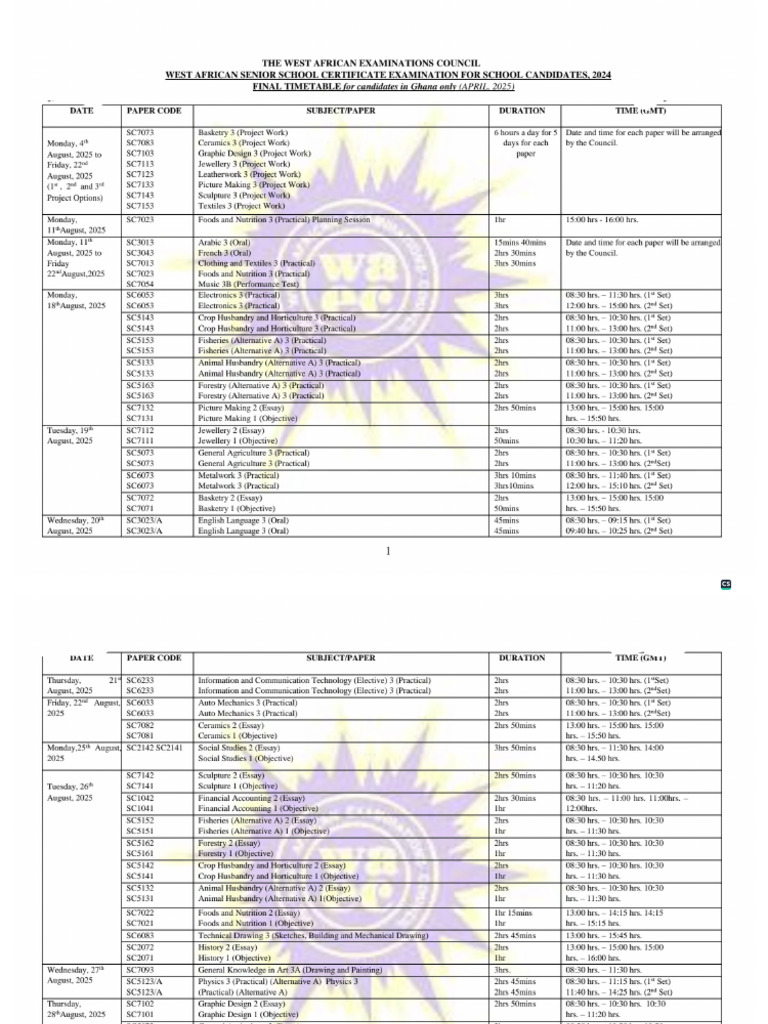 Wassce 2025 Timetable Ghana ?? | PDF