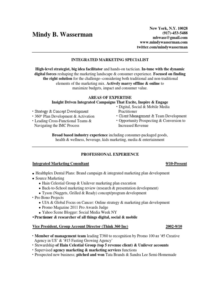 Vice President Integrated Marketing in NYC Resume Mindy Wasserman | PDF ...