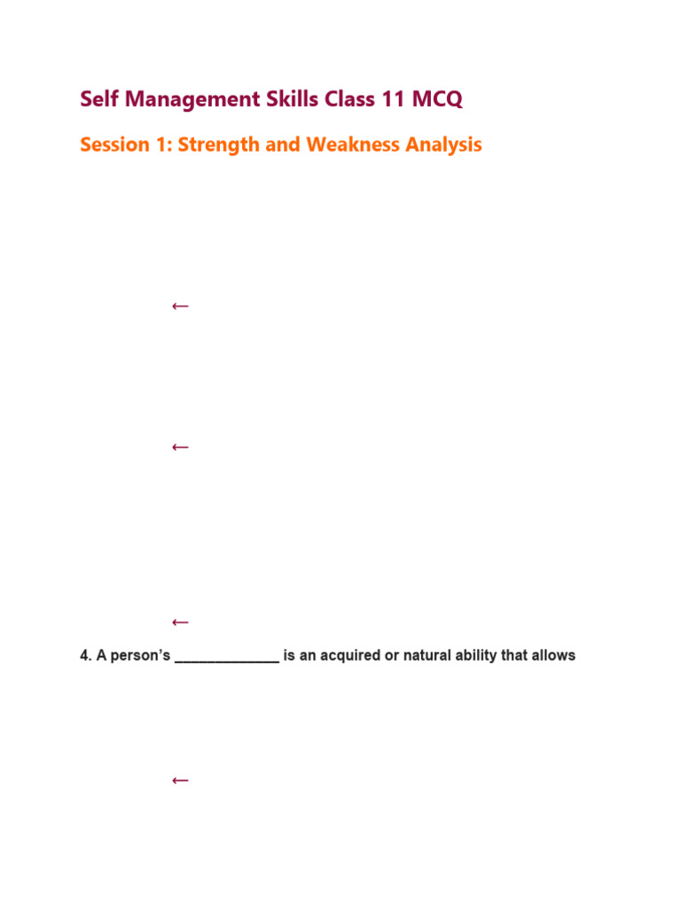 Class 11 Self Management Skills MCQs | PDF | Motivational | Motivation