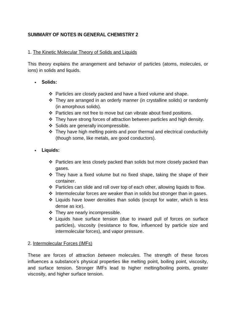Summary of Notes General Chemistry 2 | PDF | Liquids | Intermolecular Force