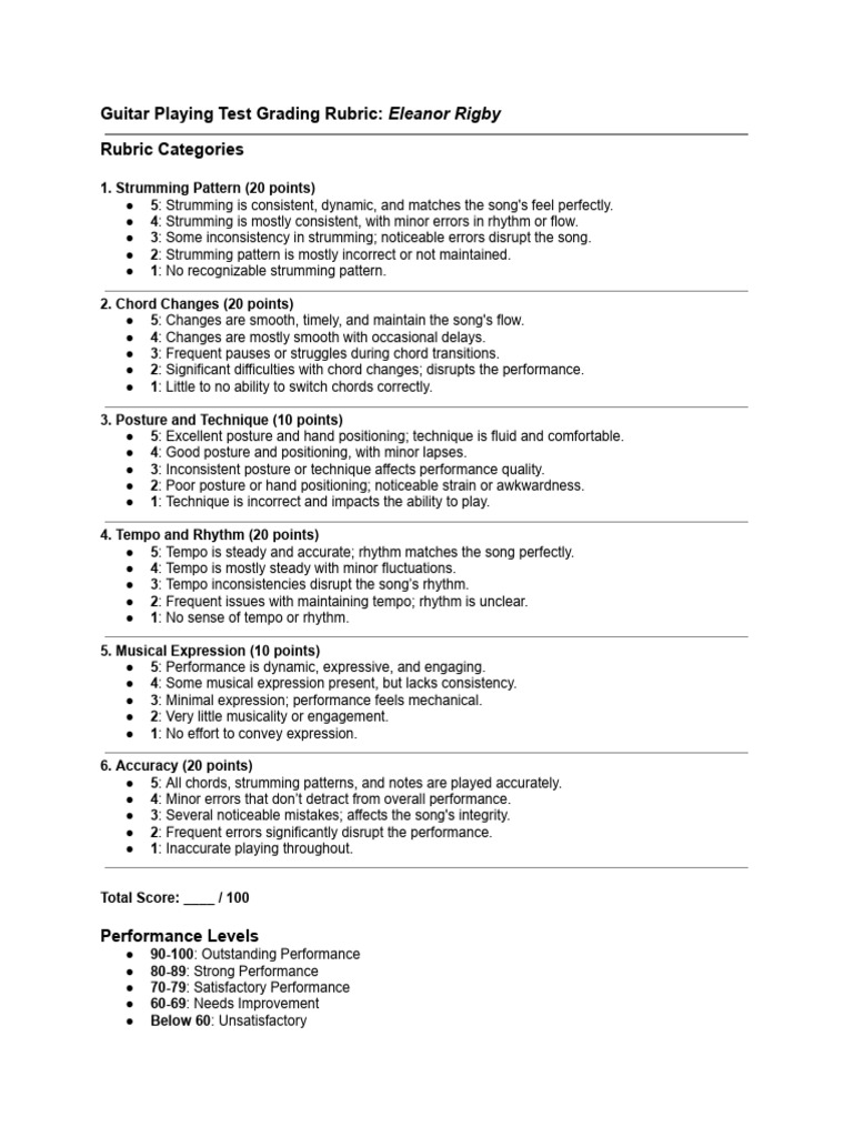 Guitar Playing Test Rubric - Eleanor Rigby | PDF