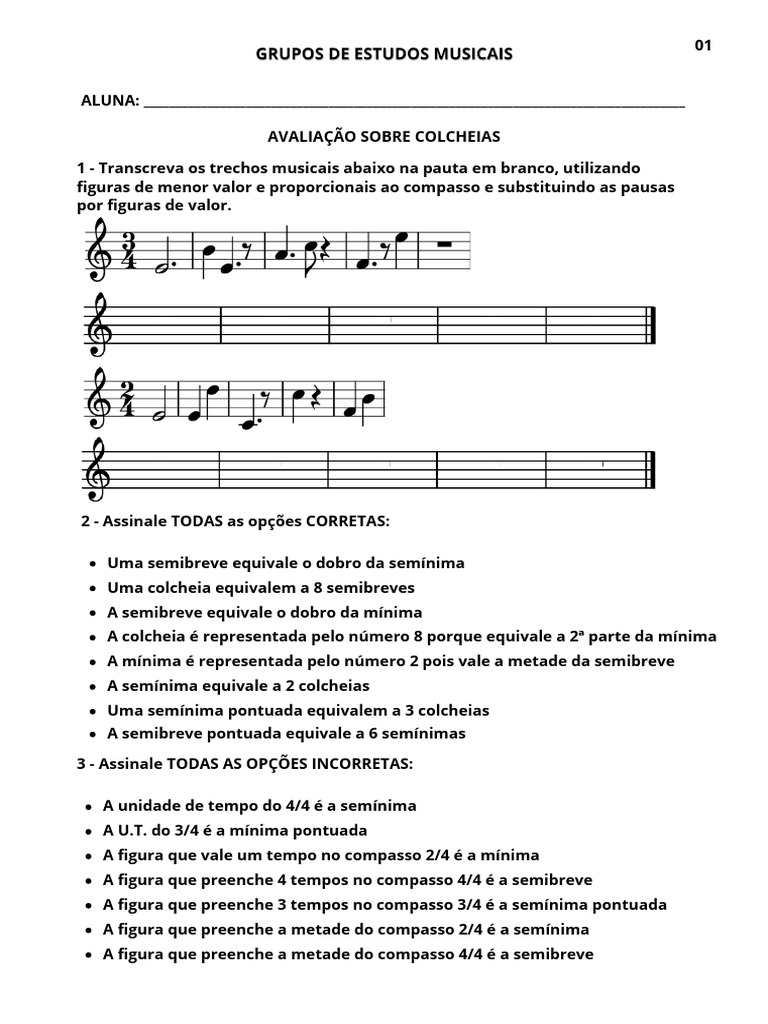 Avaliação de Colcheias e Compasso Musical | PDF | Formas musicais ...