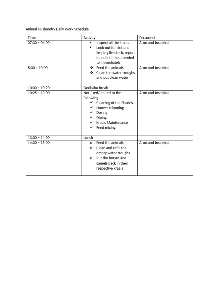 Animal Husbandry Daily Work Schedule | PDF