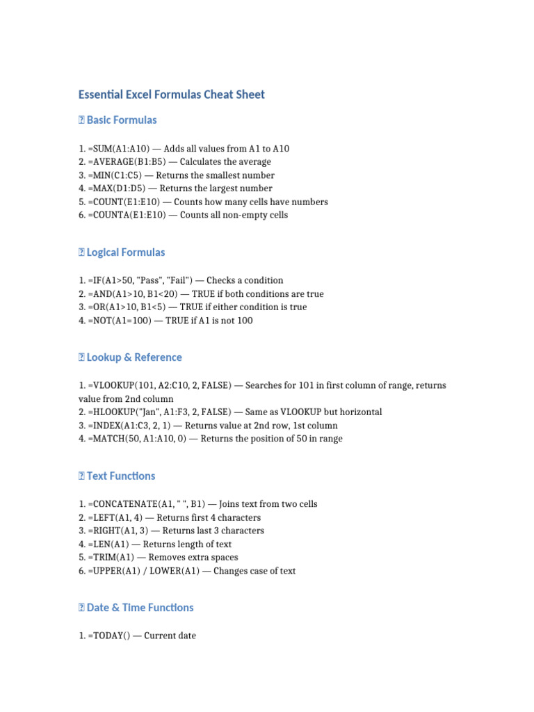 Essential Excel Formulas Guide | PDF