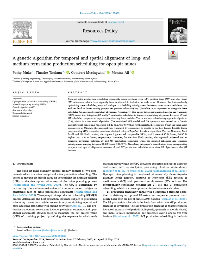 Genetic Algorithm for Mine Scheduling | PDF | Mathematical Optimization ...