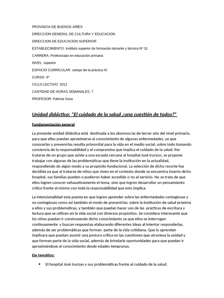 Cuidado de la Salud en Educación Primaria | PDF | Hospital | Vacunación