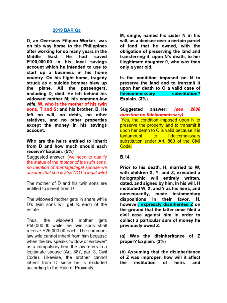 Succession Bar Exam Questions With Answers | PDF | Will And Testament ...