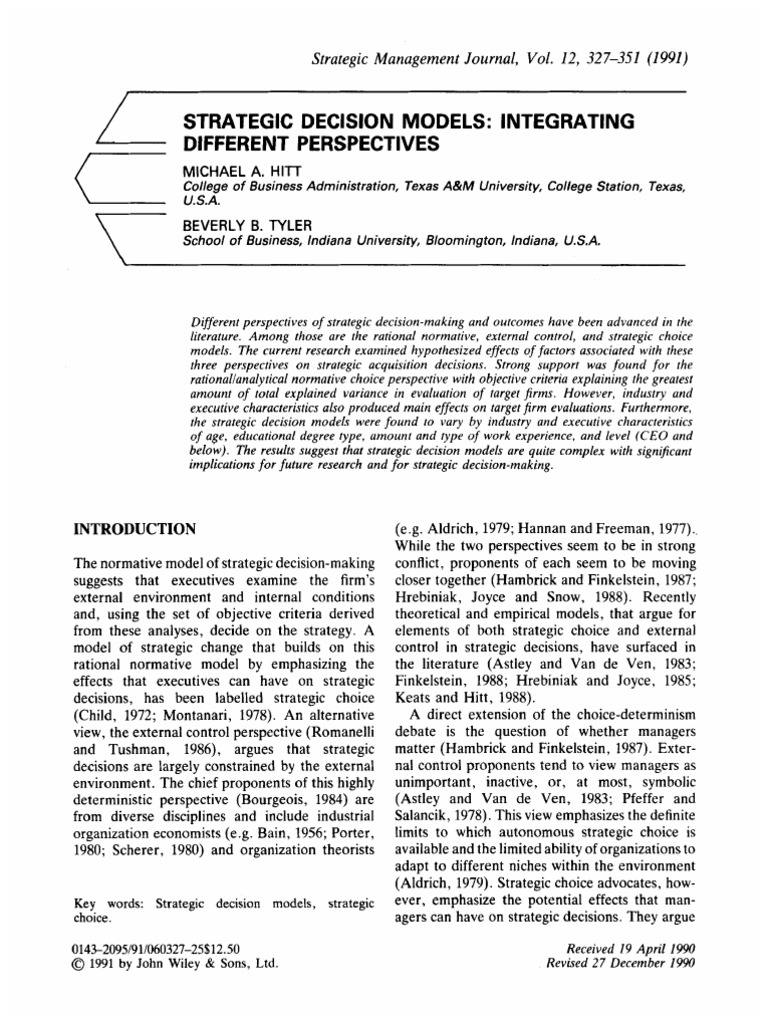 Hitt Et Tyler - 1991 - Strategic Decision Models Integrating Different ...