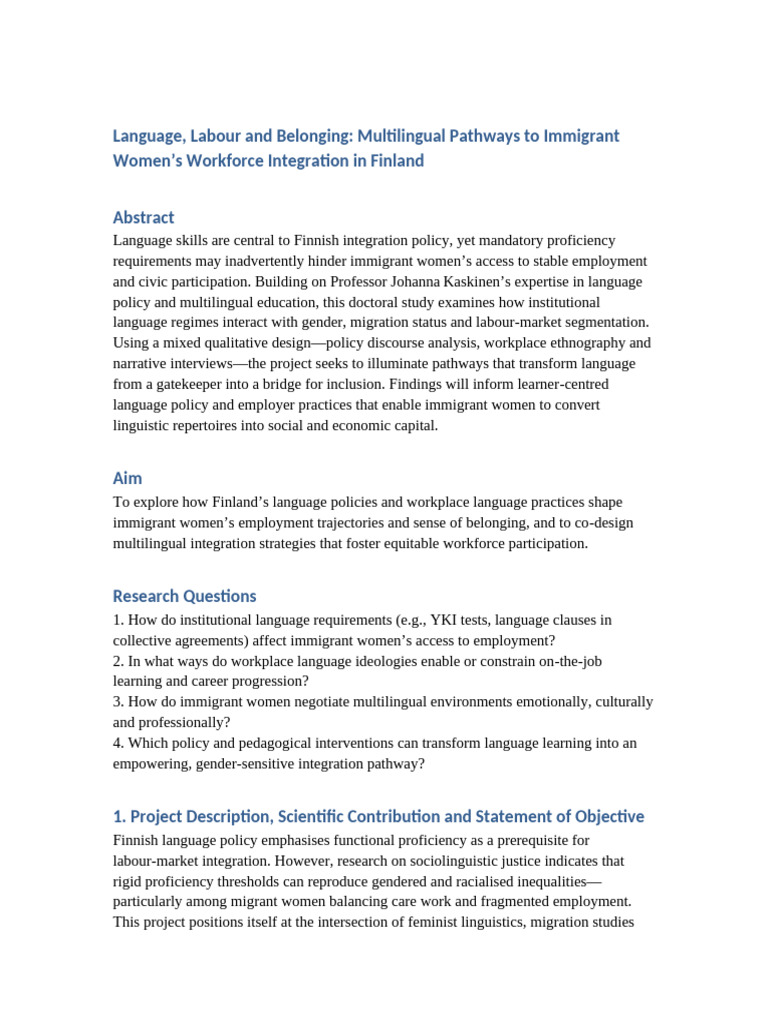 Research Proposal Johanna Kaskinen | PDF | Ethnography | Linguistics