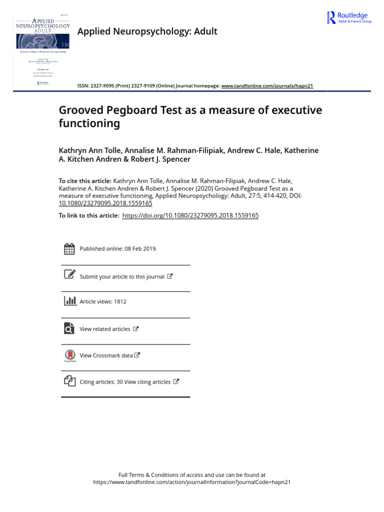 Grooved Pegboard Test As A Measure of Executive Functioning | PDF ...