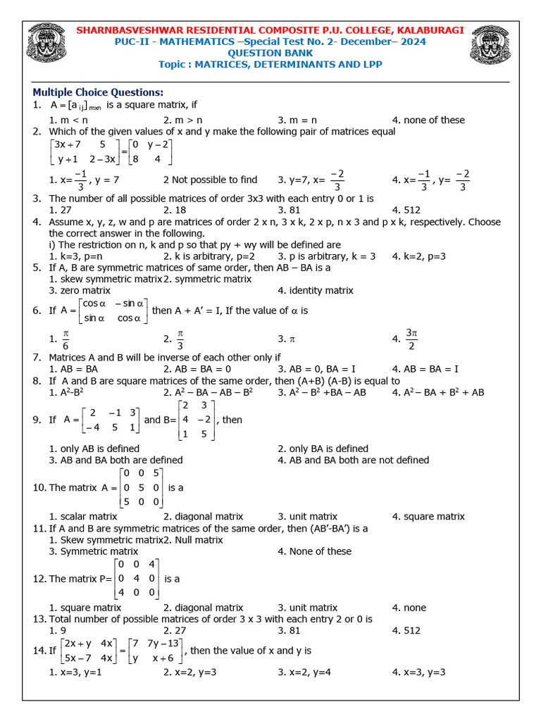 Maths Question Bank Special Test - 2 | PDF | Mathematical Optimization ...
