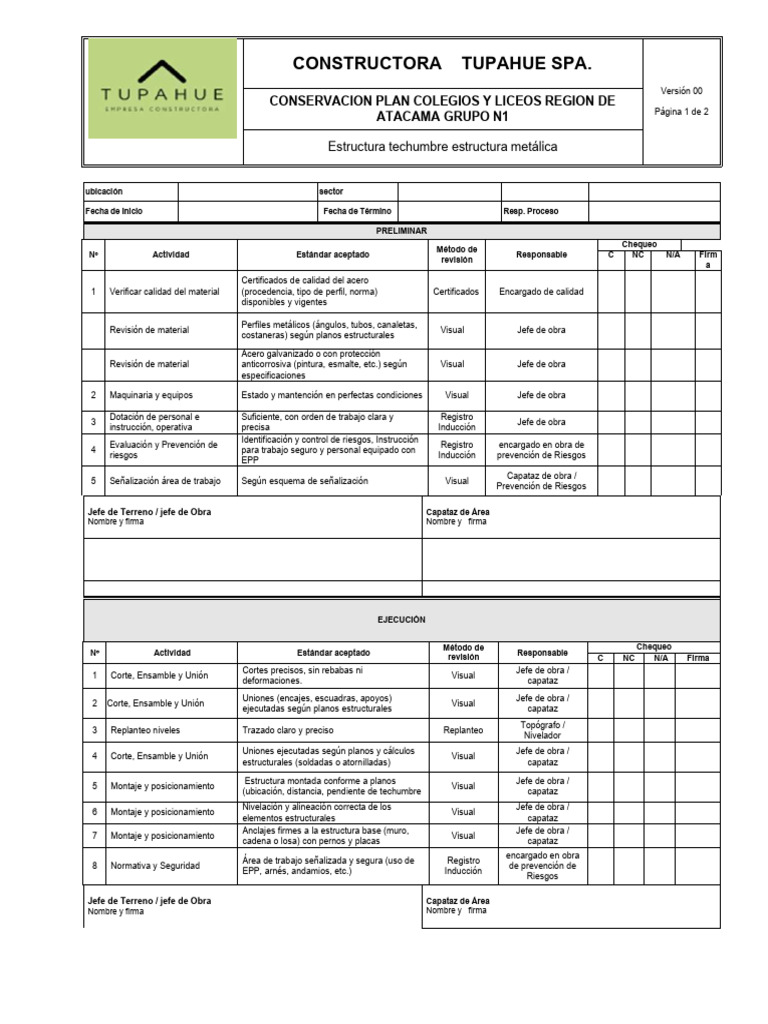 Lista Chequeo Instalacion Estructura Metalica de Techumbre | PDF