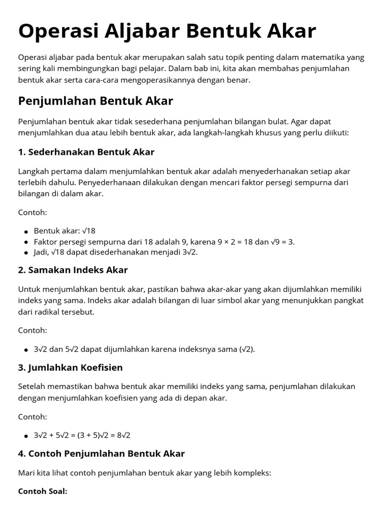 Operasi Aljabar pada Bentuk Akar | PDF