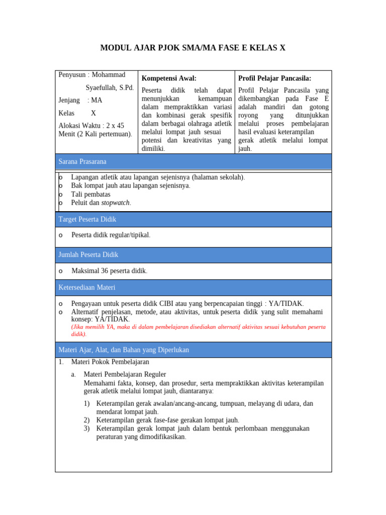 Modul Ajar Pjok - Lompat Jauh | PDF