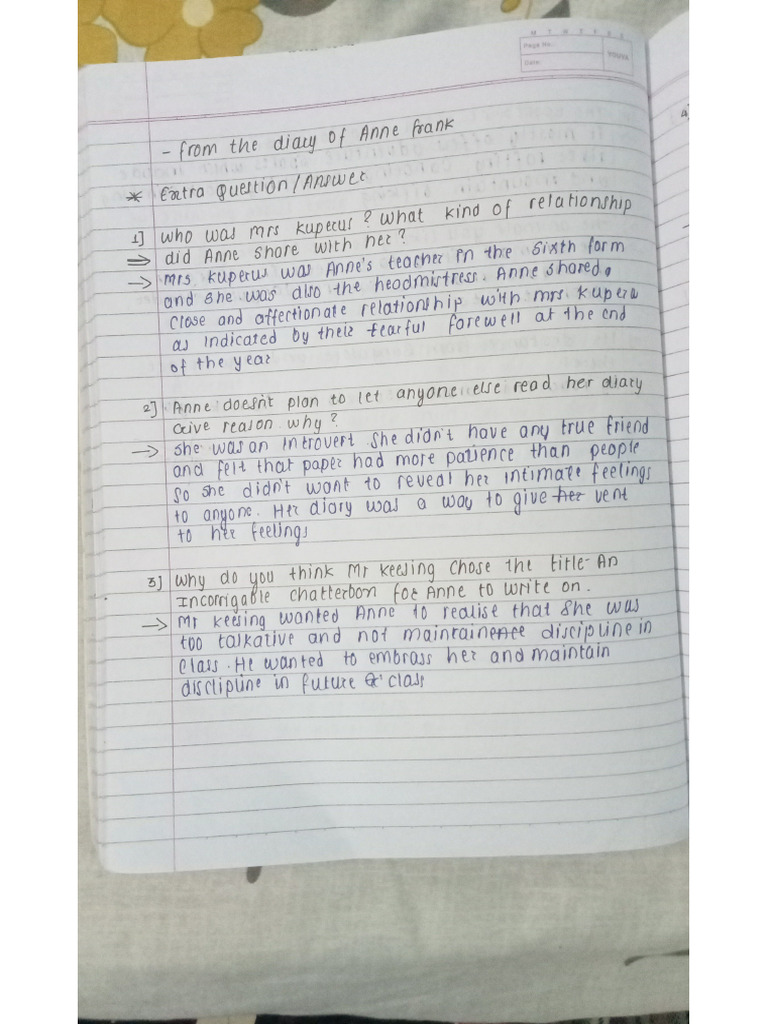 From The Diary of Anne Frank Extra Questions Answers Class 10th | PDF