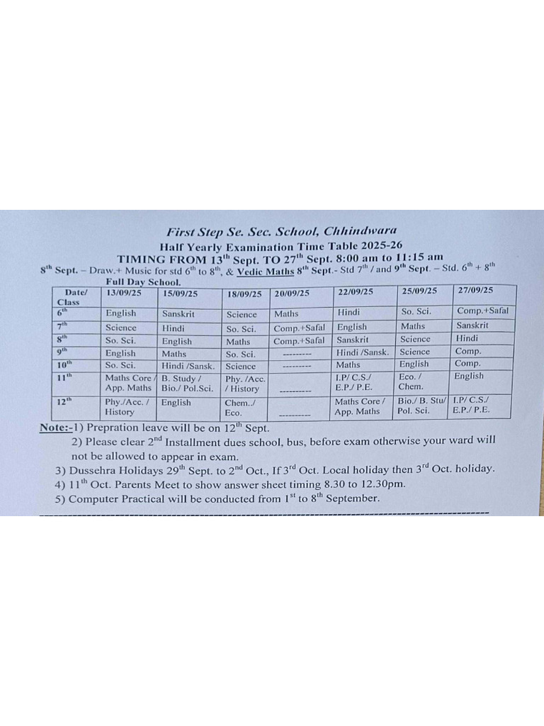 Half Yearly Time Table STD 6th To 12th | PDF