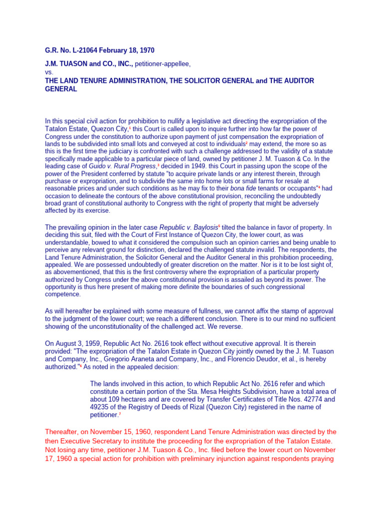 Expropriation Case: J.M. Tuason vs. Land Tenure | PDF | Eminent Domain ...