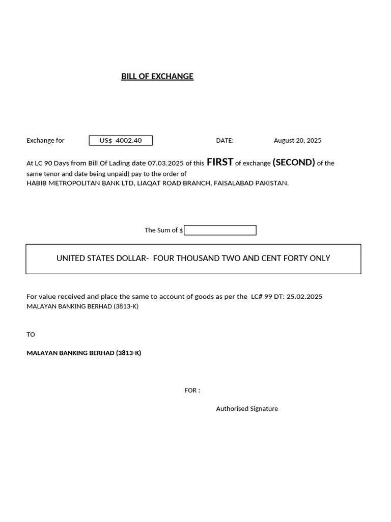 Bill of Exchange for $4002.40 Payment | PDF