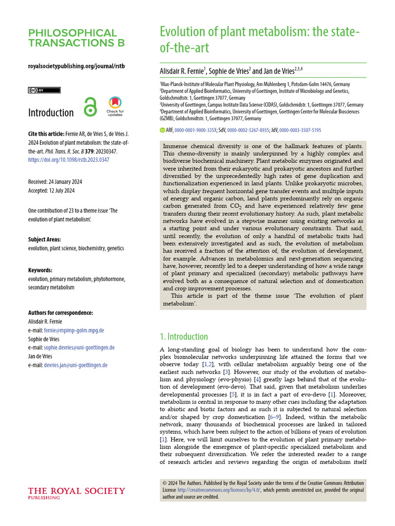 Fernie Et Al Evolution of Plant Metabolism The State of The Art | PDF ...