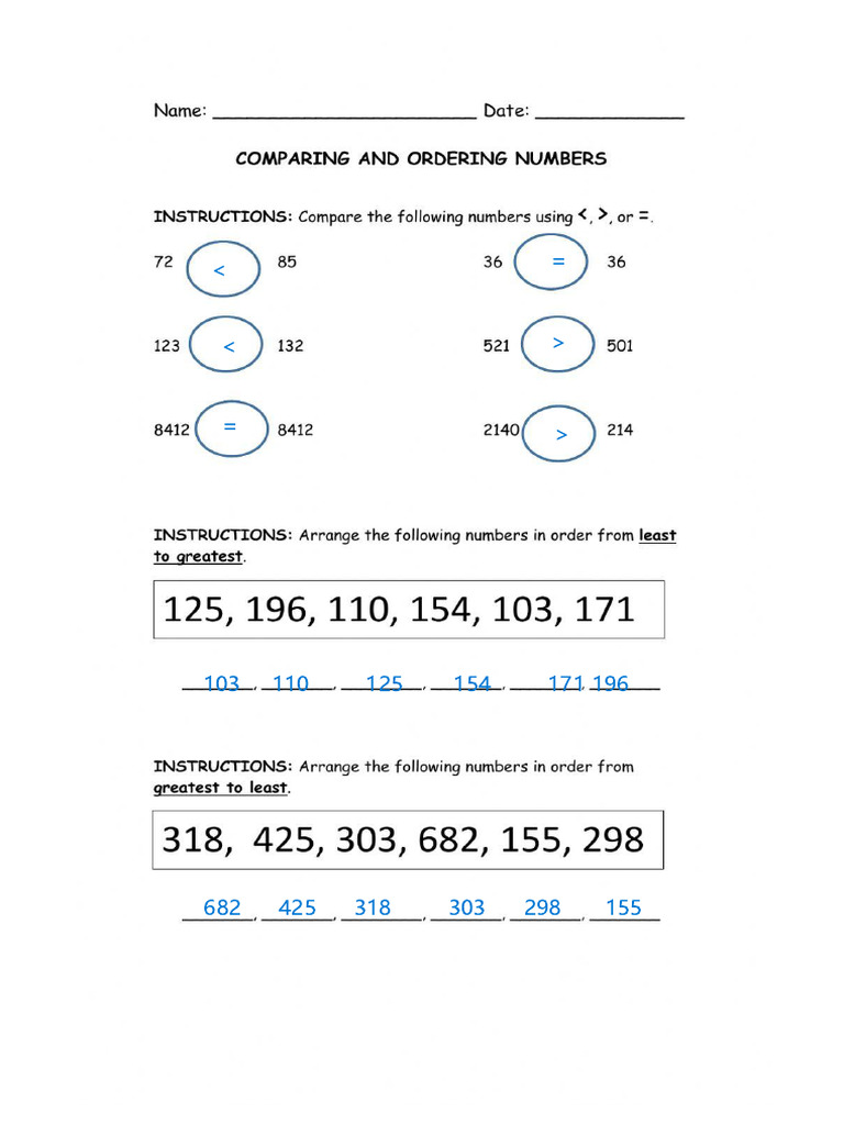 Comparing Ordering Numbers Worksheet 3rd Grade 6 | PDF
