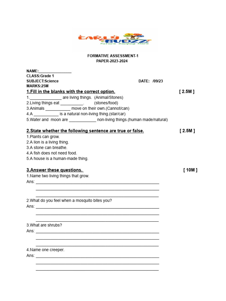 Grade 1 Science Formative Assessment | PDF