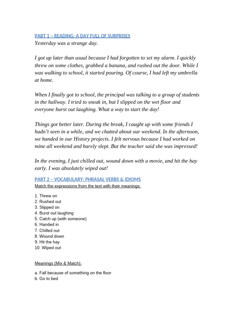 A Day Full of Surprises: Story & Exercises | PDF | Syntax | Grammar