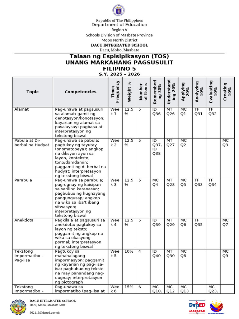 DTC - PT - Filipino 4 - q1 Matatag Tos Key | PDF