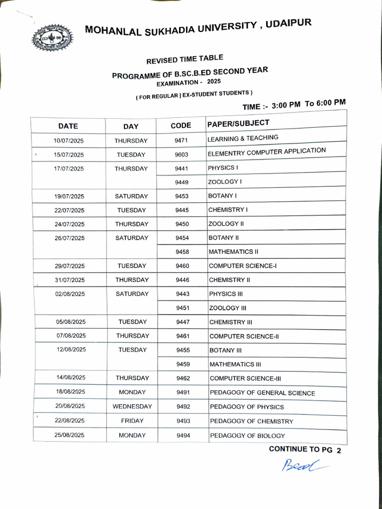 B.Sc.B.Ed Second Year Exam Schedule 2025 | PDF