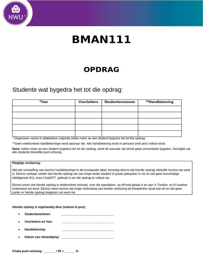 BMAN111 Opdrag Voorblad | PDF