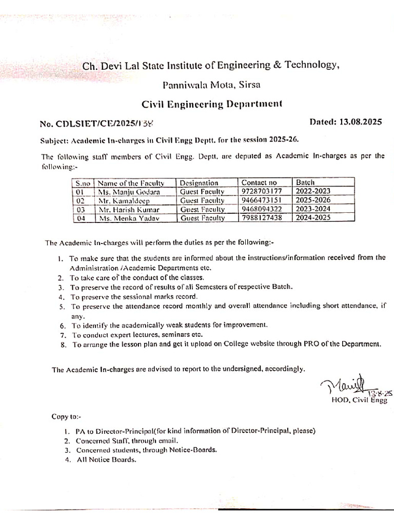 Academic Incharge 2025-2026 | PDF